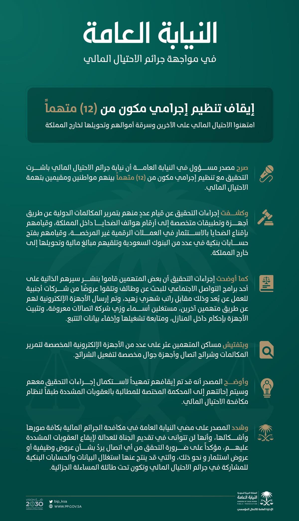عام النيابة العامة إيقاف تنظيم إجرامي مكون من 12 متهماً امتهنوا