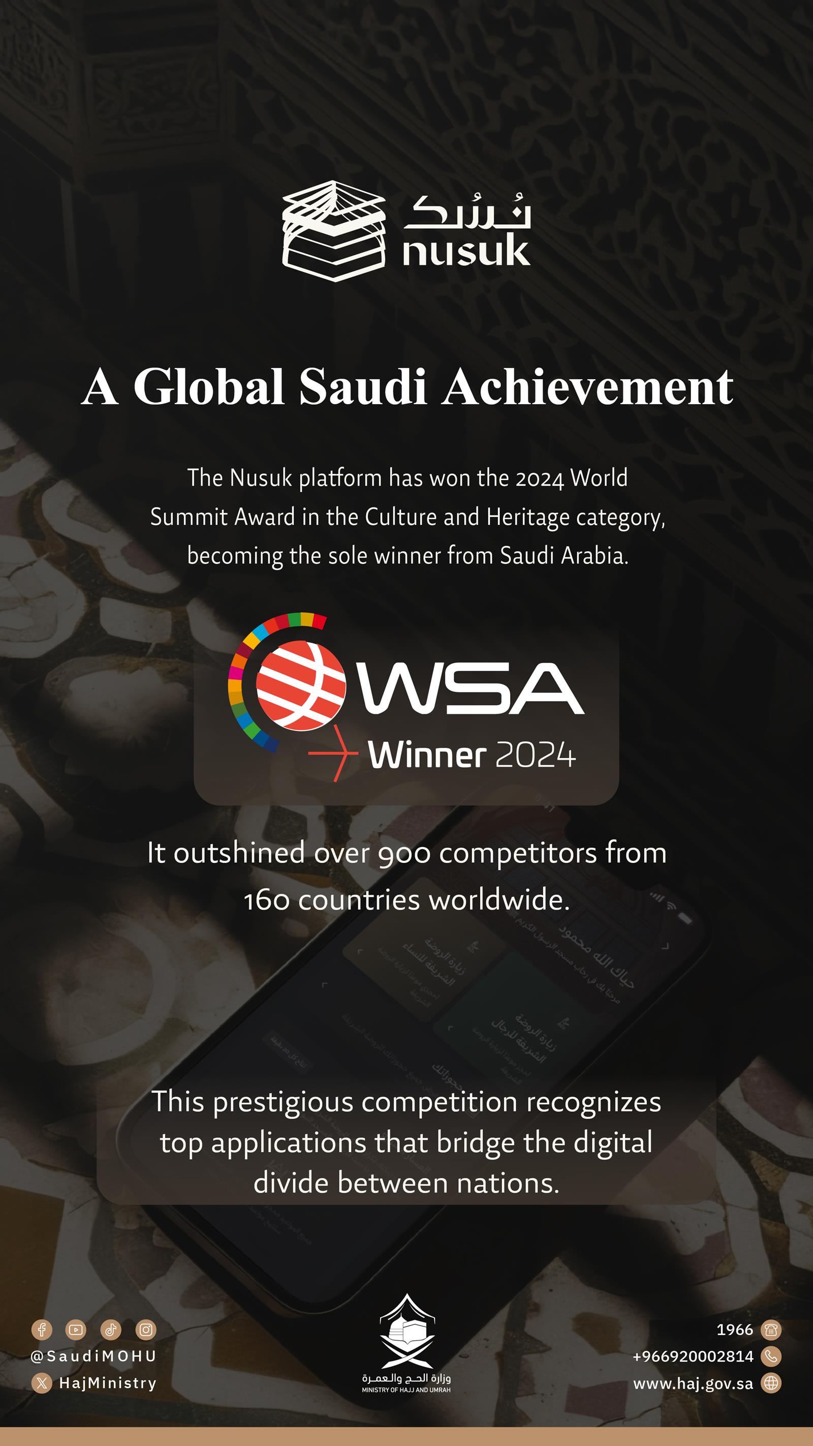 Ministry of Hajj and Umrah Wins World Summit Award for Nusuk Platform